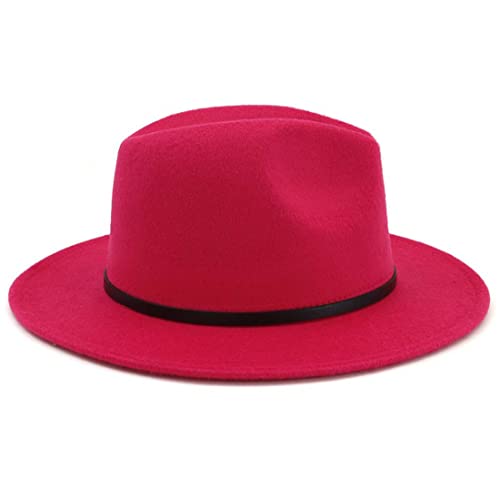 DT DANTIYA Women's Classic Wide Brim Wool Fedora Hat with Belt Buckle Felt Panama Hat Rose Red