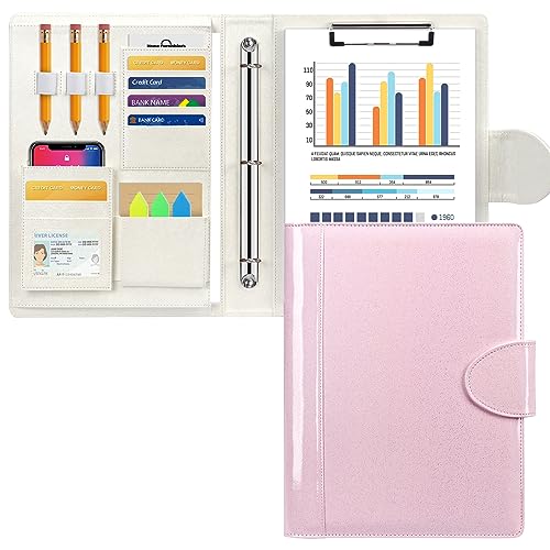 Toplive Padfolio Folder 3 Ring Binder PU Leather Portfolio, Business Interview Resume Portfolio A4/ Letter Size Document Organizer with Clipboard for Women Men, Pink