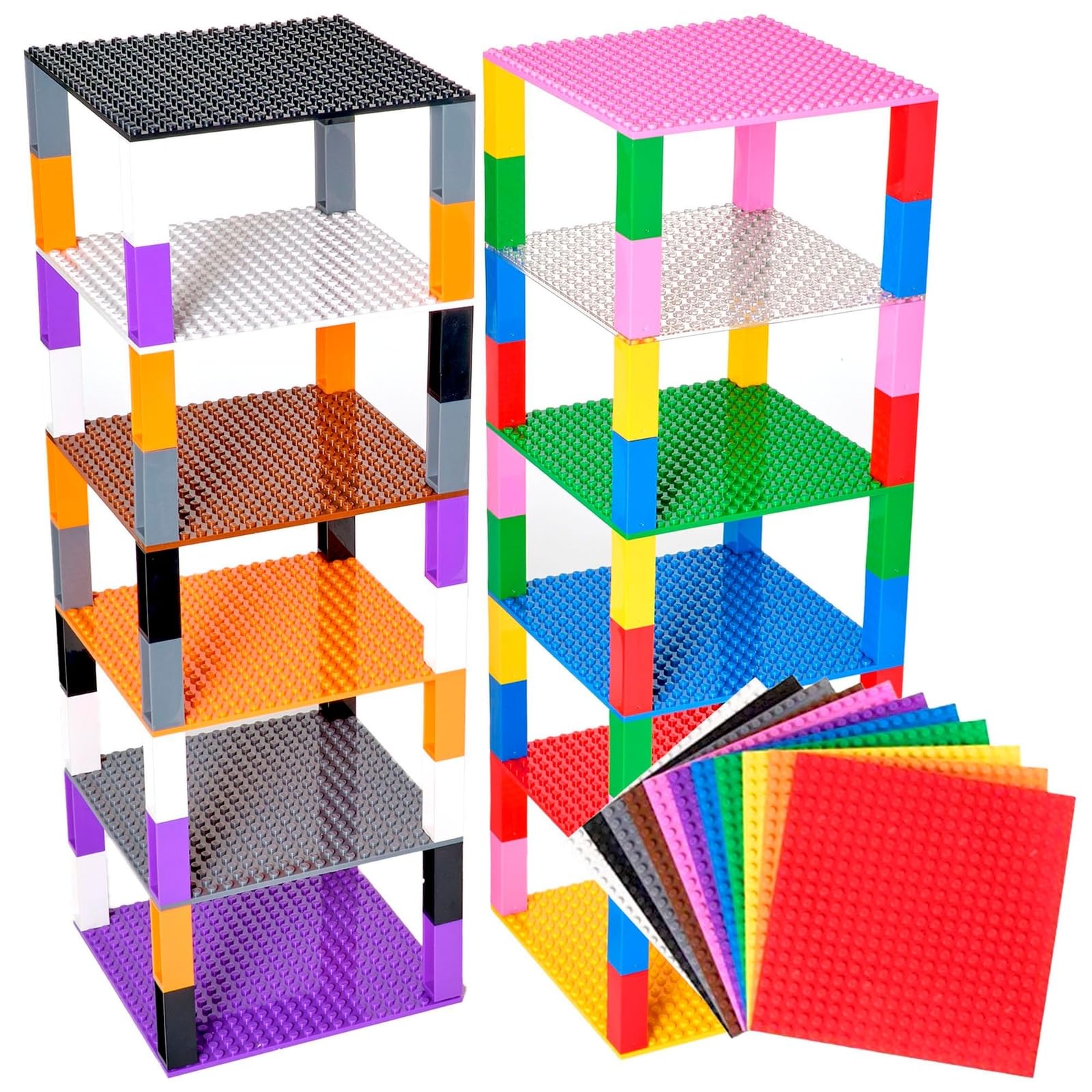 Strictly Briks Stackable Base Plates Lego Compatible - Stackable Rainbow Building Bricks for Towers, Shelves & More - 12 Base Plates & 80 Stackers - 6x6 Inches