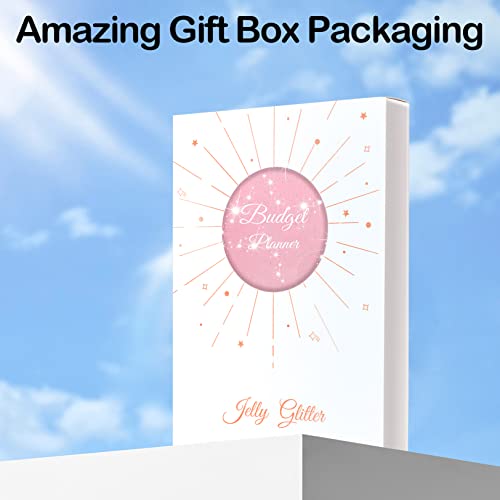 Budget Binder with Zipper Envelopes, [Jelly Glitter Collection] Money Organizer with Large Rose Gold Stickers, Calendar Cover, 6pcs Card Slots & 24pcs Expense Sheets, Gift Box Packaging, Saving Binder
