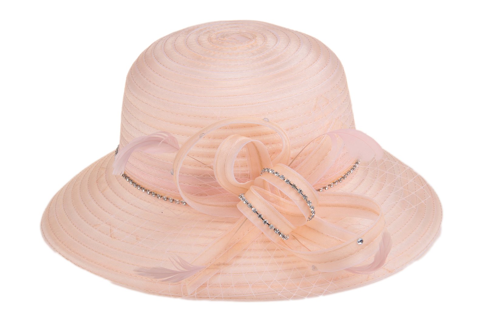 DANTIYA Women's Bowler Church Cloche Hat Bling Bing Organza Bridal Dress Cap (Pink, One Size)