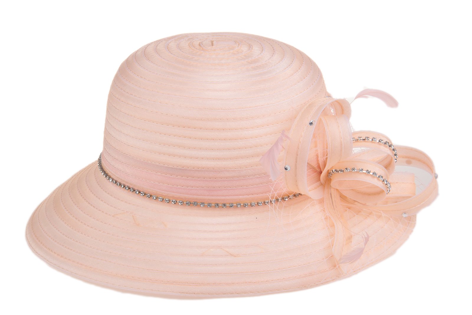 DANTIYA Women's Bowler Church Cloche Hat Bling Bing Organza Bridal Dress Cap (Pink, One Size)