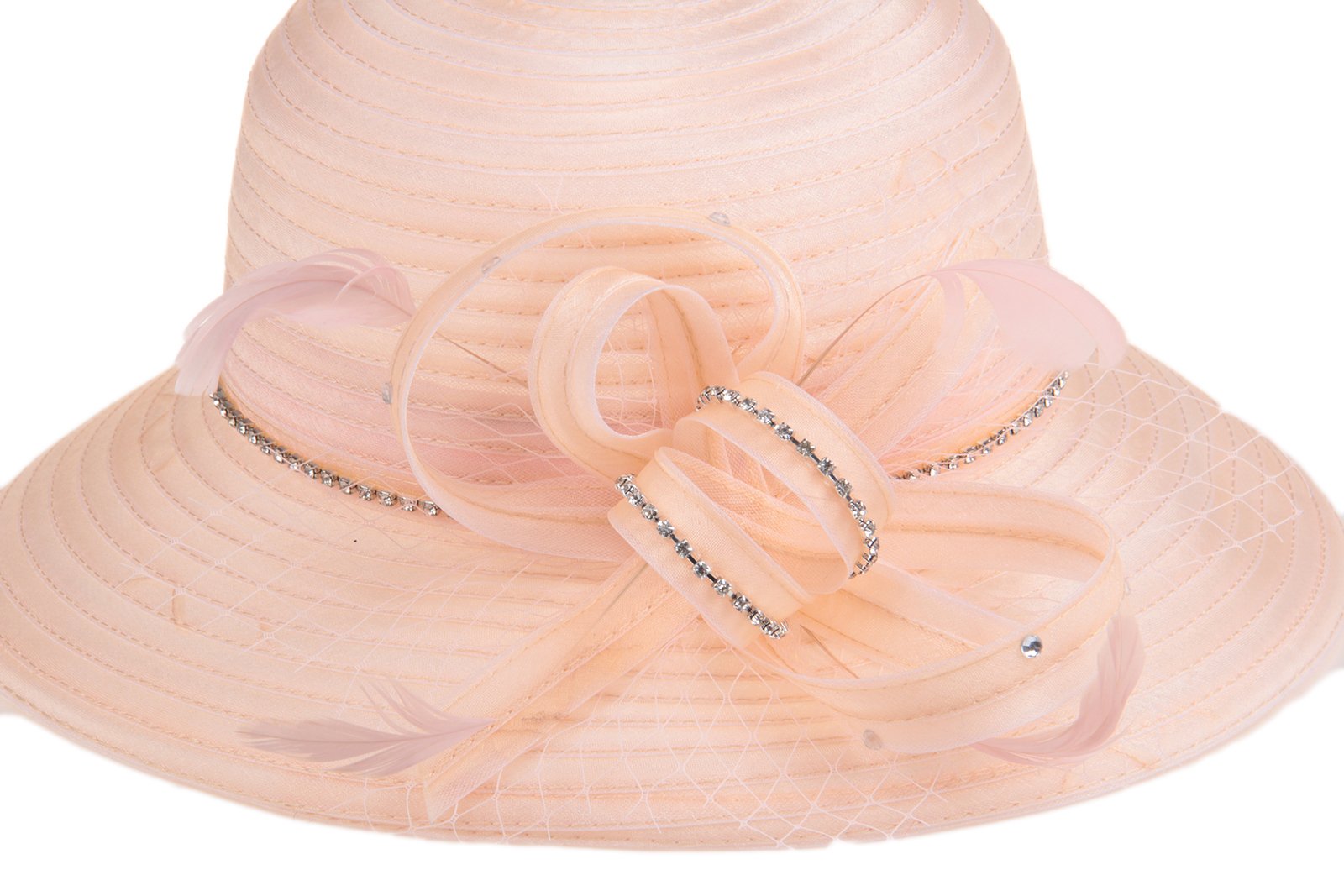 DANTIYA Women's Bowler Church Cloche Hat Bling Bing Organza Bridal Dress Cap (Pink, One Size)