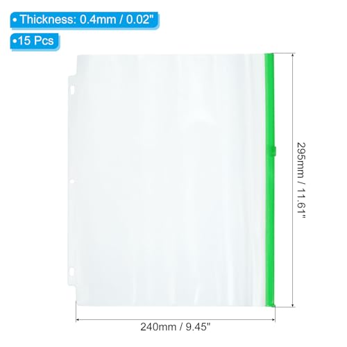PATIKIL A4 Binder Pocket, 15 Pack PVC Letter Size Zipper 3 Holes Binder Pouch Folders Document Waterproof Filing Storage Loose Leaf Bags for 3-Ring Notebook Binder, Green