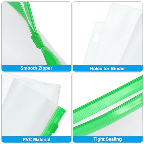 PATIKIL A4 Binder Pocket, 15 Pack PVC Letter Size Zipper 3 Holes Binder Pouch Folders Document Waterproof Filing Storage Loose Leaf Bags for 3-Ring Notebook Binder, Green