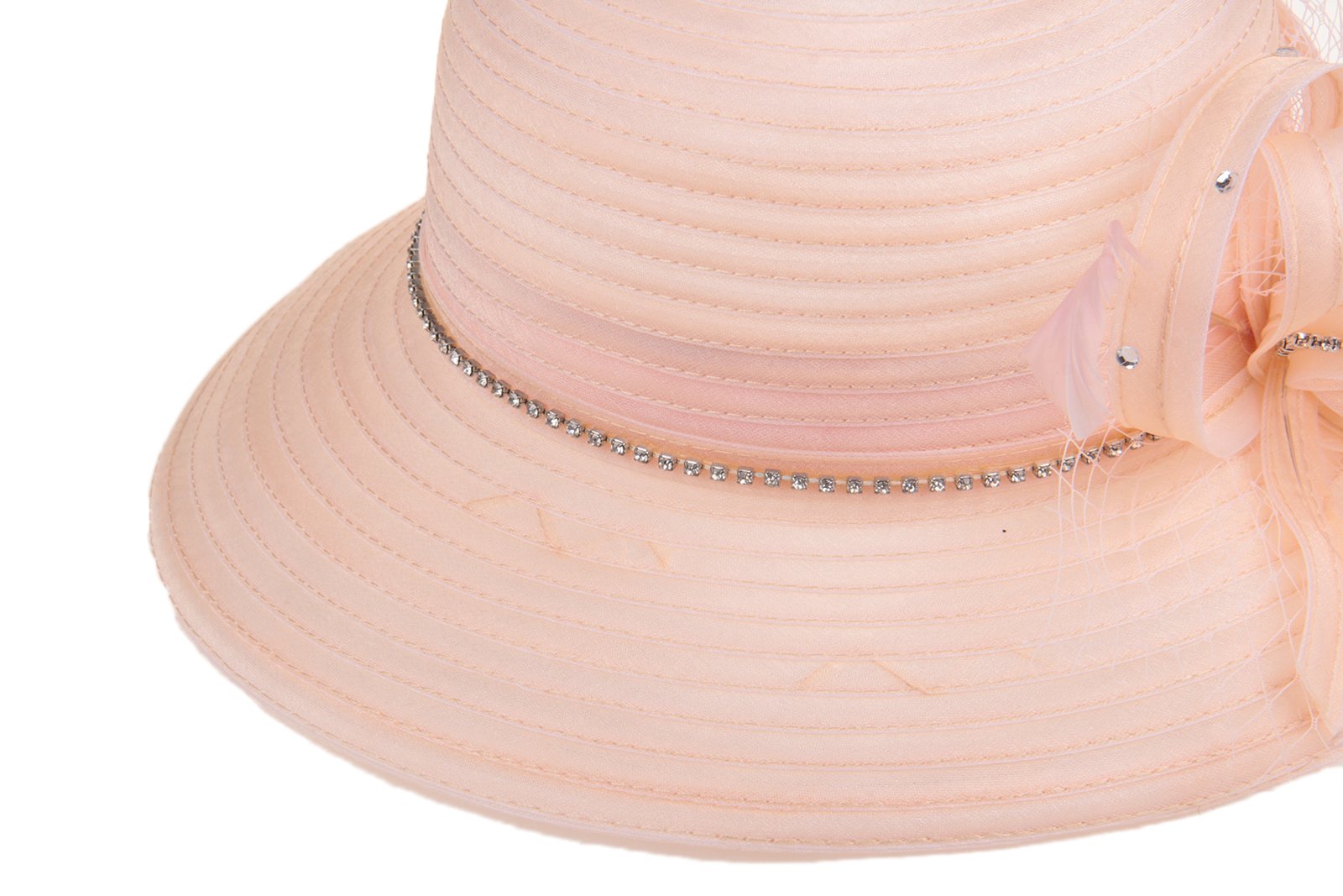 DANTIYA Women's Bowler Church Cloche Hat Bling Bing Organza Bridal Dress Cap (Pink, One Size)