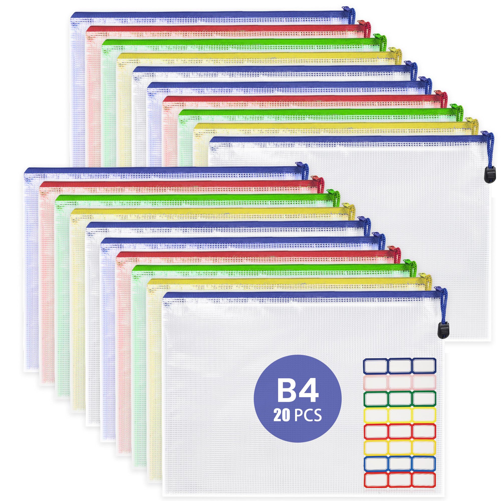 Omnifense 20pcs File Document Pouch B4 Letter Size, Versatile Mesh Plastic Zipper Bag for Office Supplies, School Stationery, Travel Organization, and Toy Storage, Waterproof Materials