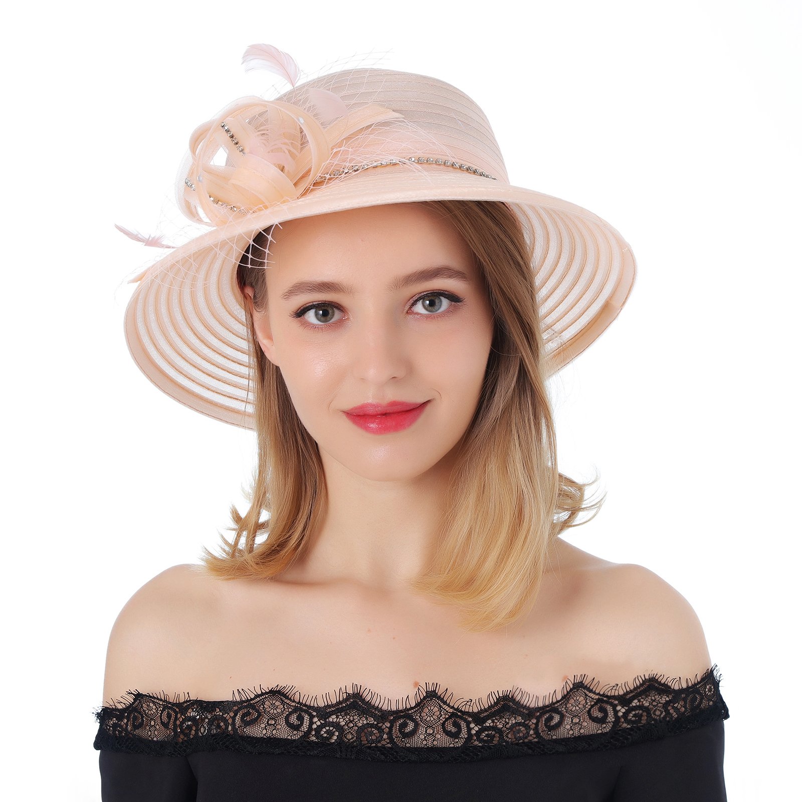 DANTIYA Women's Bowler Church Cloche Hat Bling Bing Organza Bridal Dress Cap (Pink, One Size)