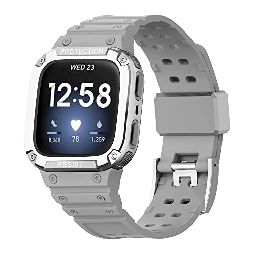 MiRUSI Compatible For Fitbit Versa 4/3/2/1/Fitbit Versa Lite/Fitbit Sense 2/Fitbit Sense Bands with Case, Protective Case Strap Rugged Sport Protect Wristbands For Men Women (Gray&Silver)