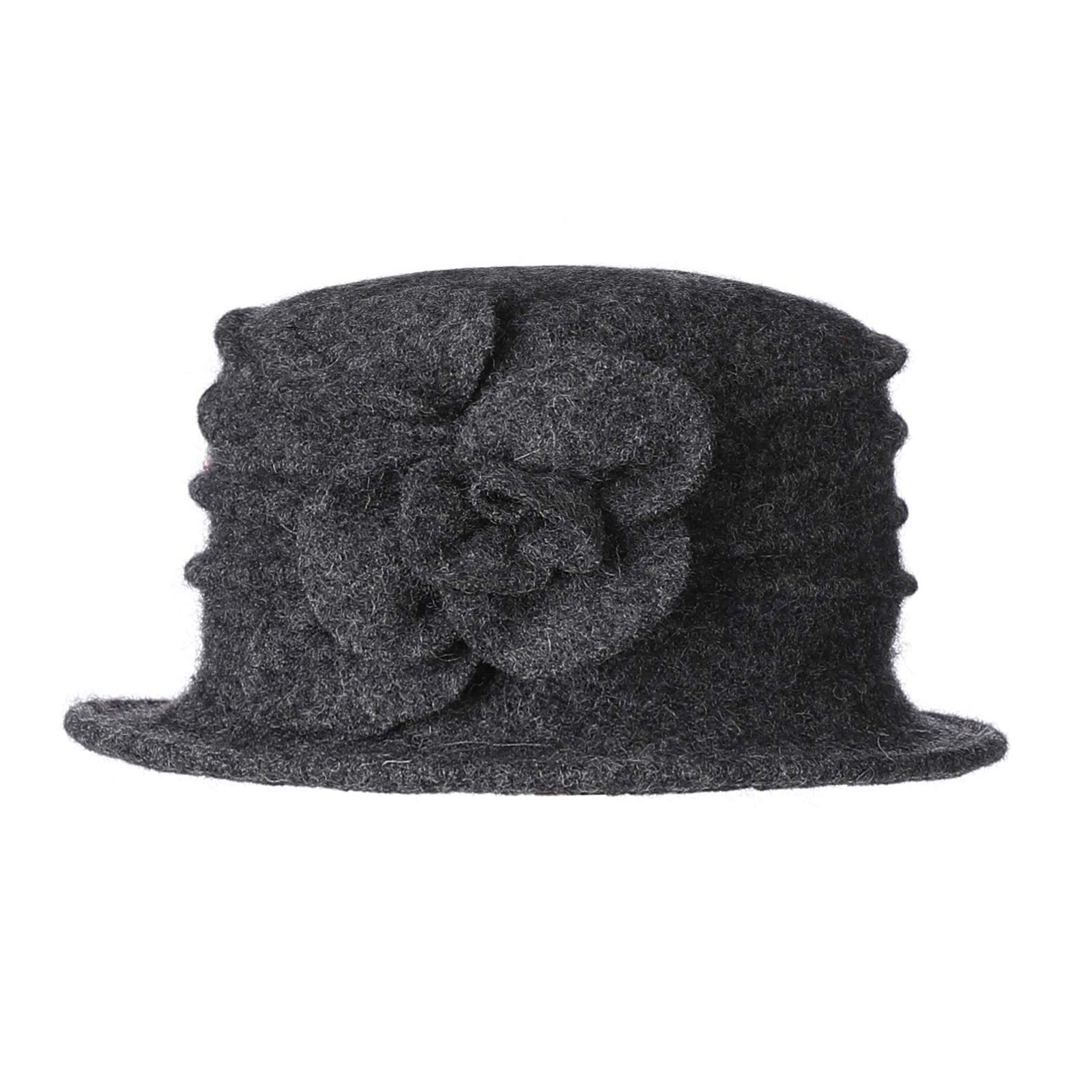 DANTIYA Women’s Elegant Flower 100% Wool Trimmed Wool Cloche Winter Hat (Grey)