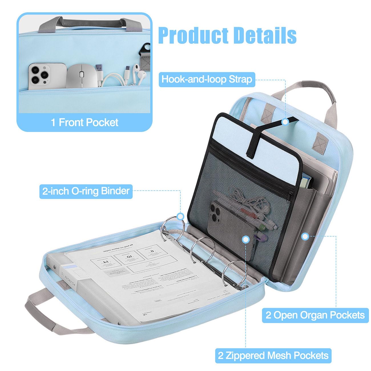 MoKo Zipper Binder, 3 Ring 2 inch Binder with Zipper,500 Sheet Capacity Multi-Pocket School Binder for Middle School, Handle and Shoulder Strap Included, Blue & Gray