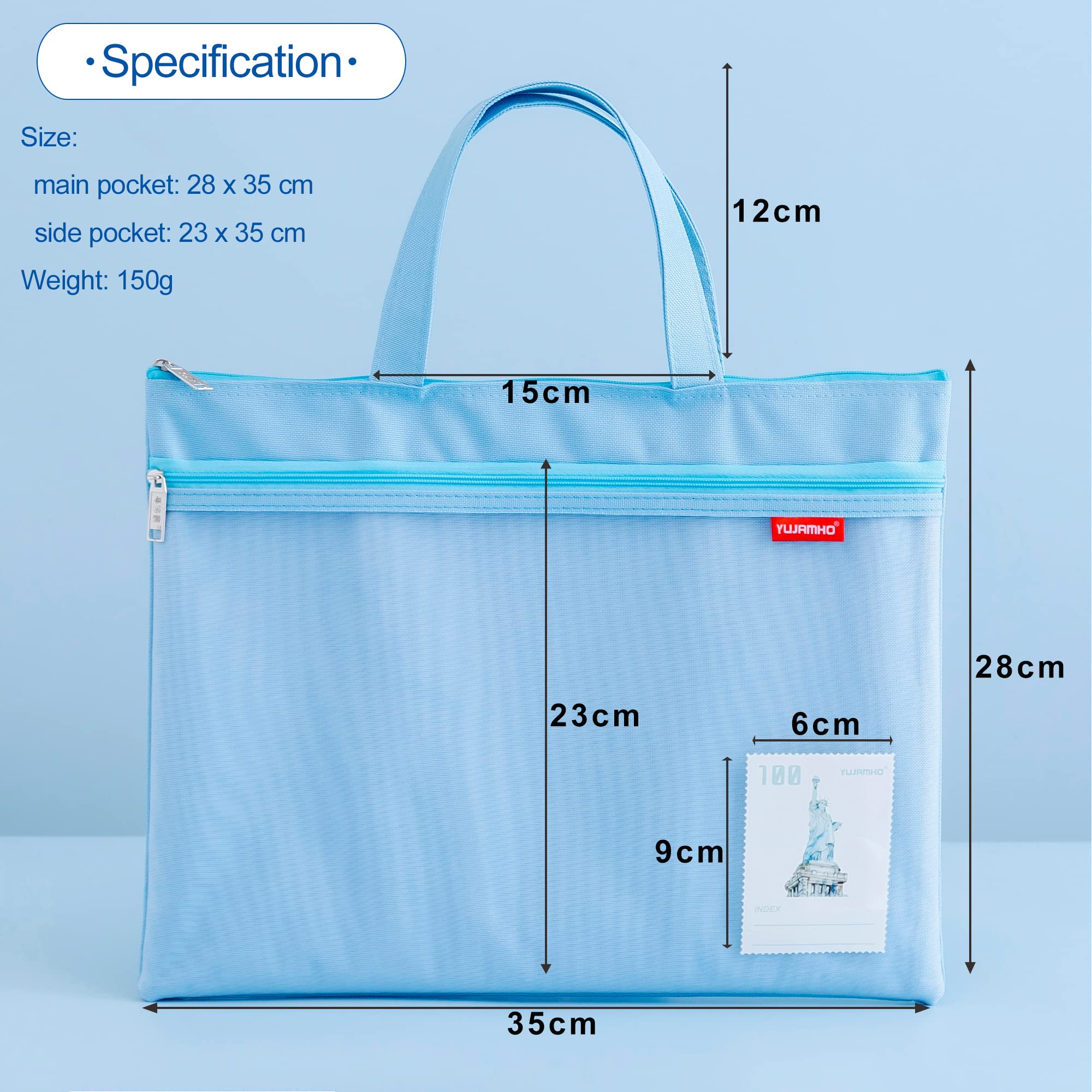 Pendancy Mesh Zipper Pouch 11x13.7 in, Large Double Pocket Waterproof File Bag with Handle, A4 Size Foldable Document Storage for Puzzle Project/Cross Stitch/Travel/Office（Blue）