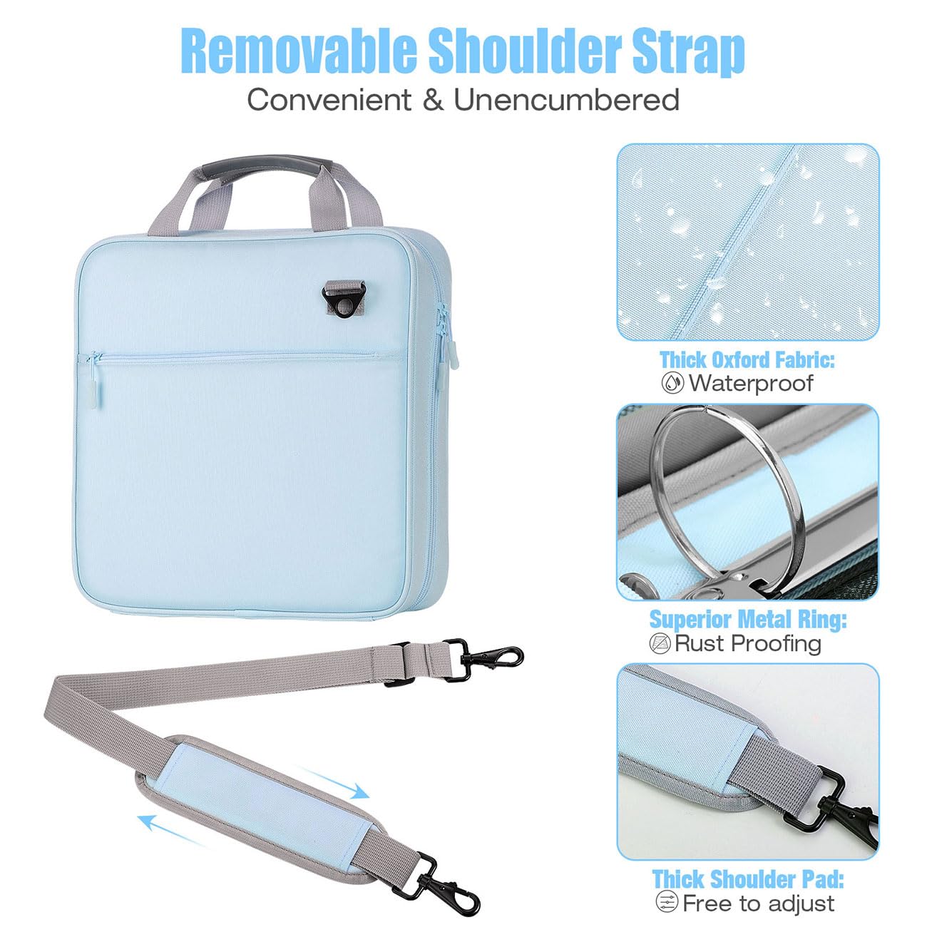 MoKo Zipper Binder, 3 Ring 2 inch Binder with Zipper,500 Sheet Capacity Multi-Pocket School Binder for Middle School, Handle and Shoulder Strap Included, Blue & Gray