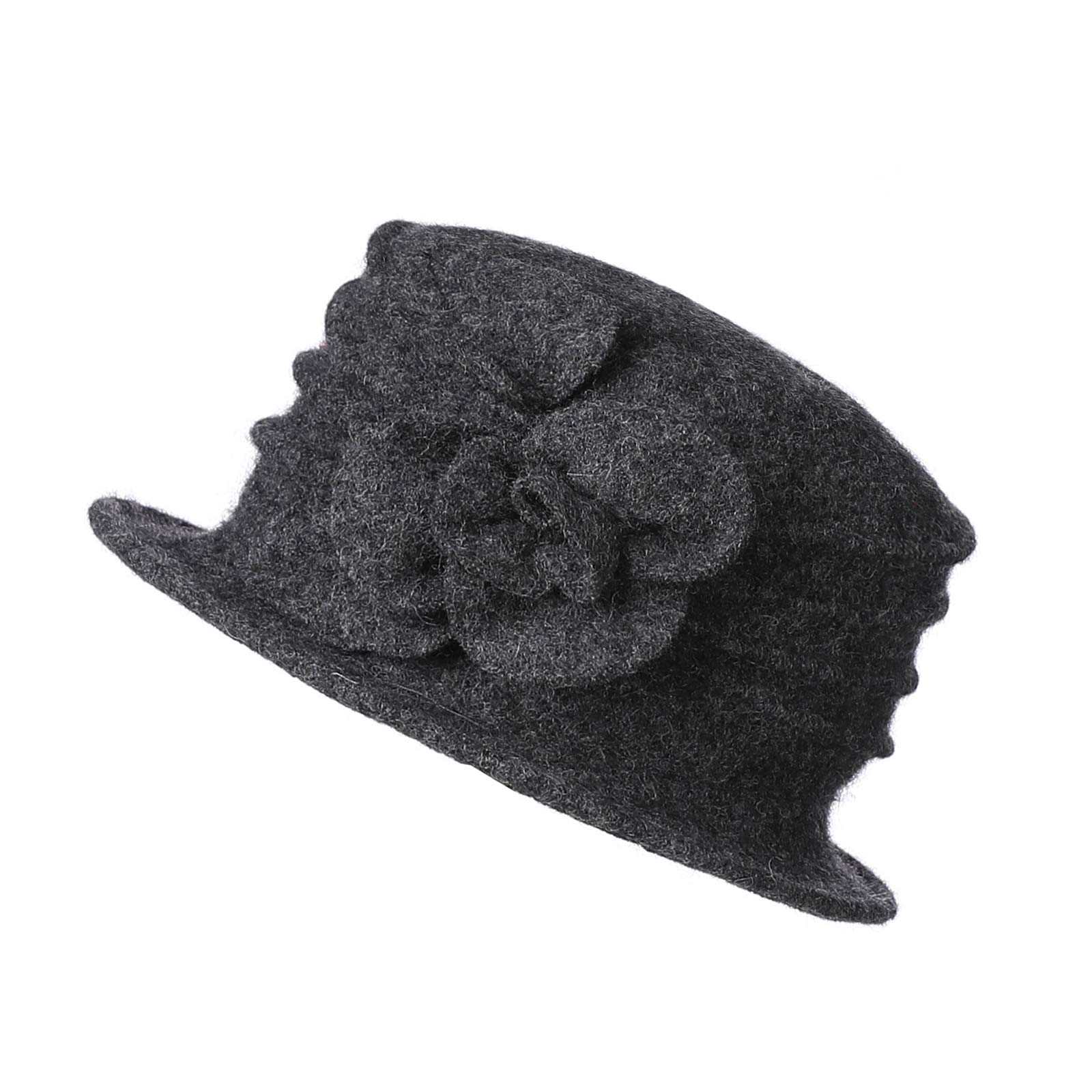 DANTIYA Women’s Elegant Flower 100% Wool Trimmed Wool Cloche Winter Hat (Grey)