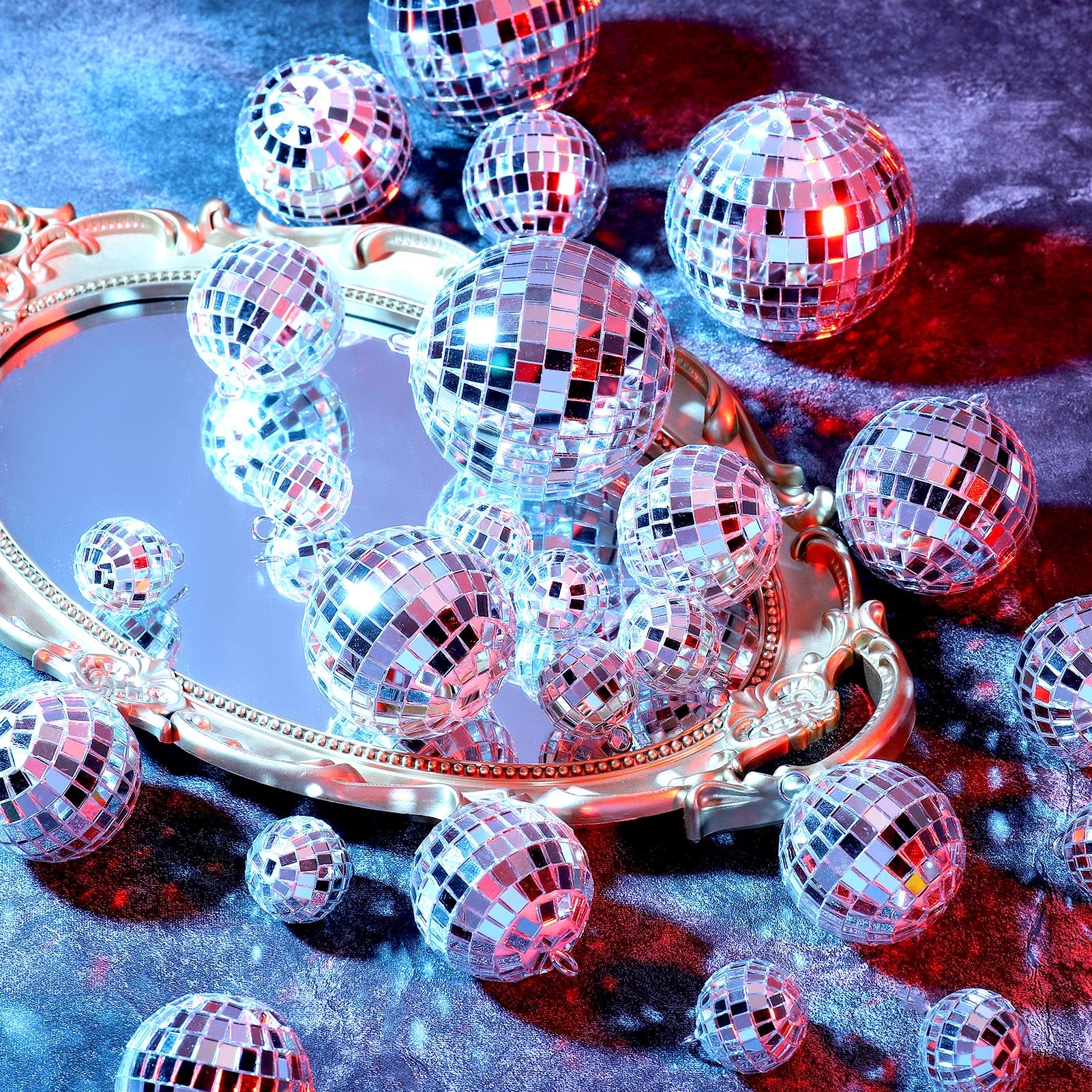 Jspupifip 60 Pcs Mirror Disco Balls Bulk, Reflective Silver Glass Ball Decorations 70s Hanging Ring Halloween Christmas Birthday Themed Party Prom Props Disco Ornaments(1.2/1.97/3.15/5.9 inch)