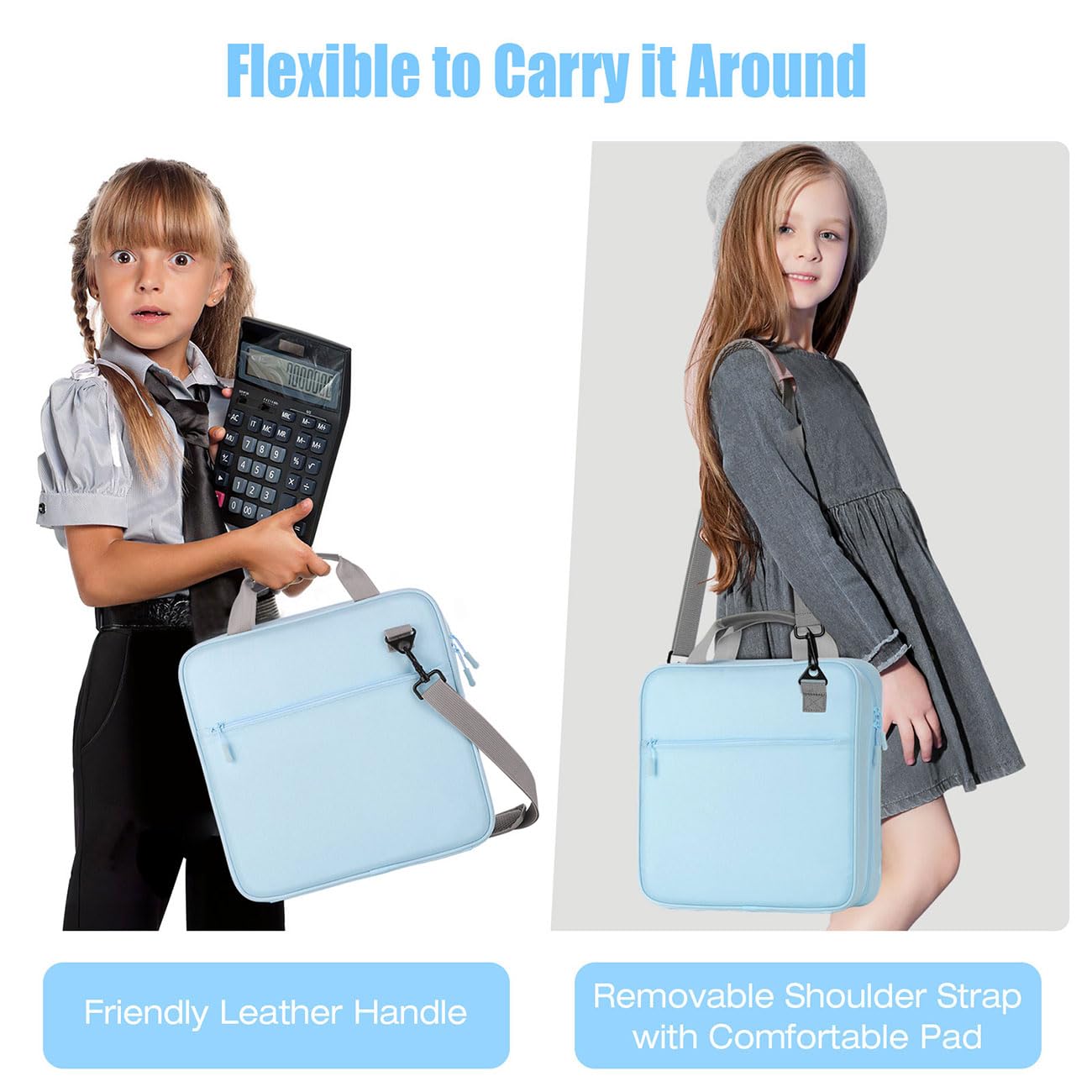 MoKo Zipper Binder, 3 Ring 2 inch Binder with Zipper,500 Sheet Capacity Multi-Pocket School Binder for Middle School, Handle and Shoulder Strap Included, Blue & Gray
