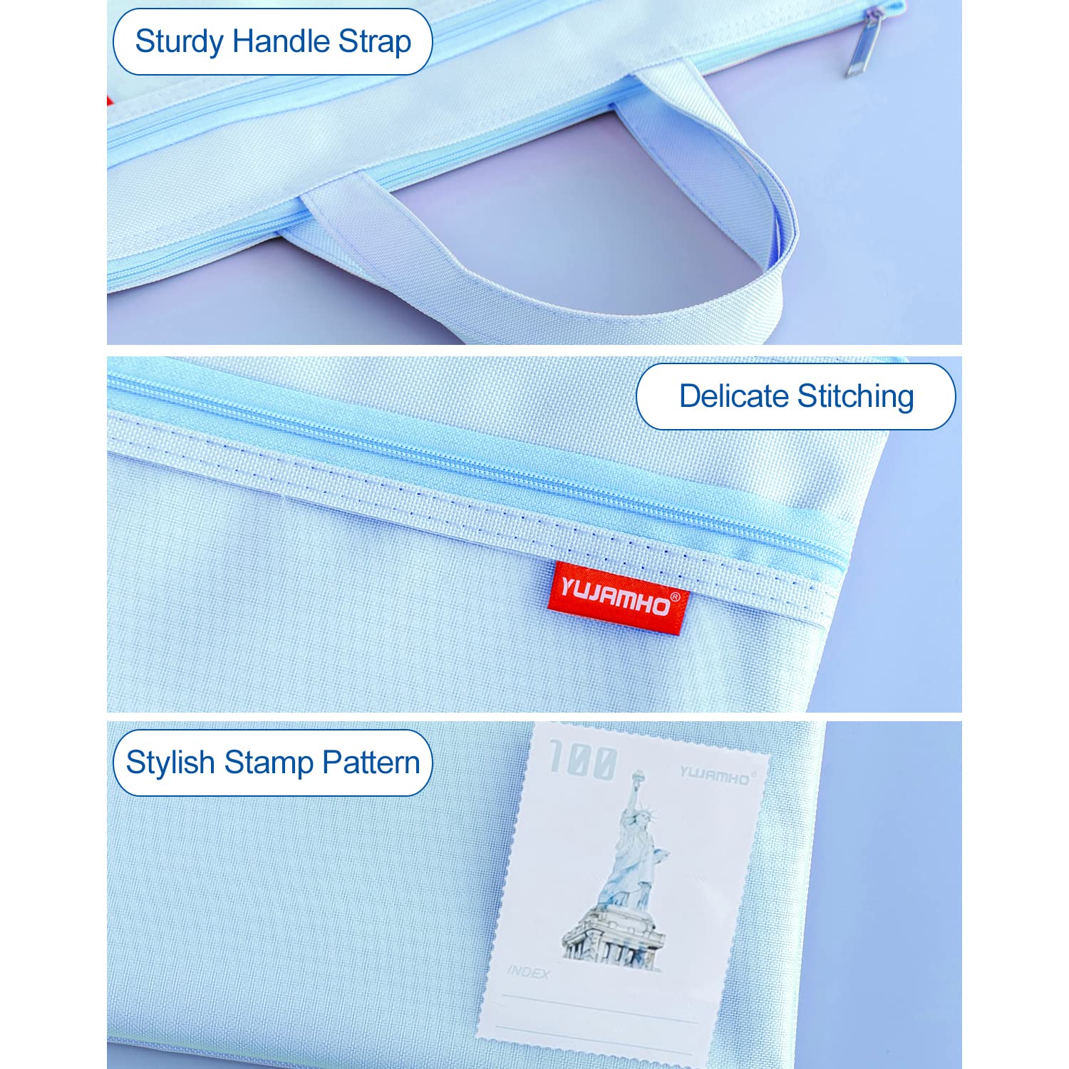 Pendancy Mesh Zipper Pouch 11x13.7 in, Large Double Pocket Waterproof File Bag with Handle, A4 Size Foldable Document Storage for Puzzle Project/Cross Stitch/Travel/Office（Blue）