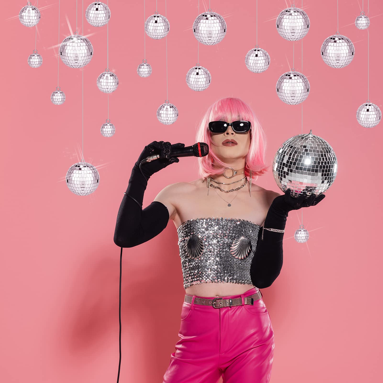 Jspupifip 60 Pcs Mirror Disco Balls Bulk, Reflective Silver Glass Ball Decorations 70s Hanging Ring Halloween Christmas Birthday Themed Party Prom Props Disco Ornaments(1.2/1.97/3.15/5.9 inch)