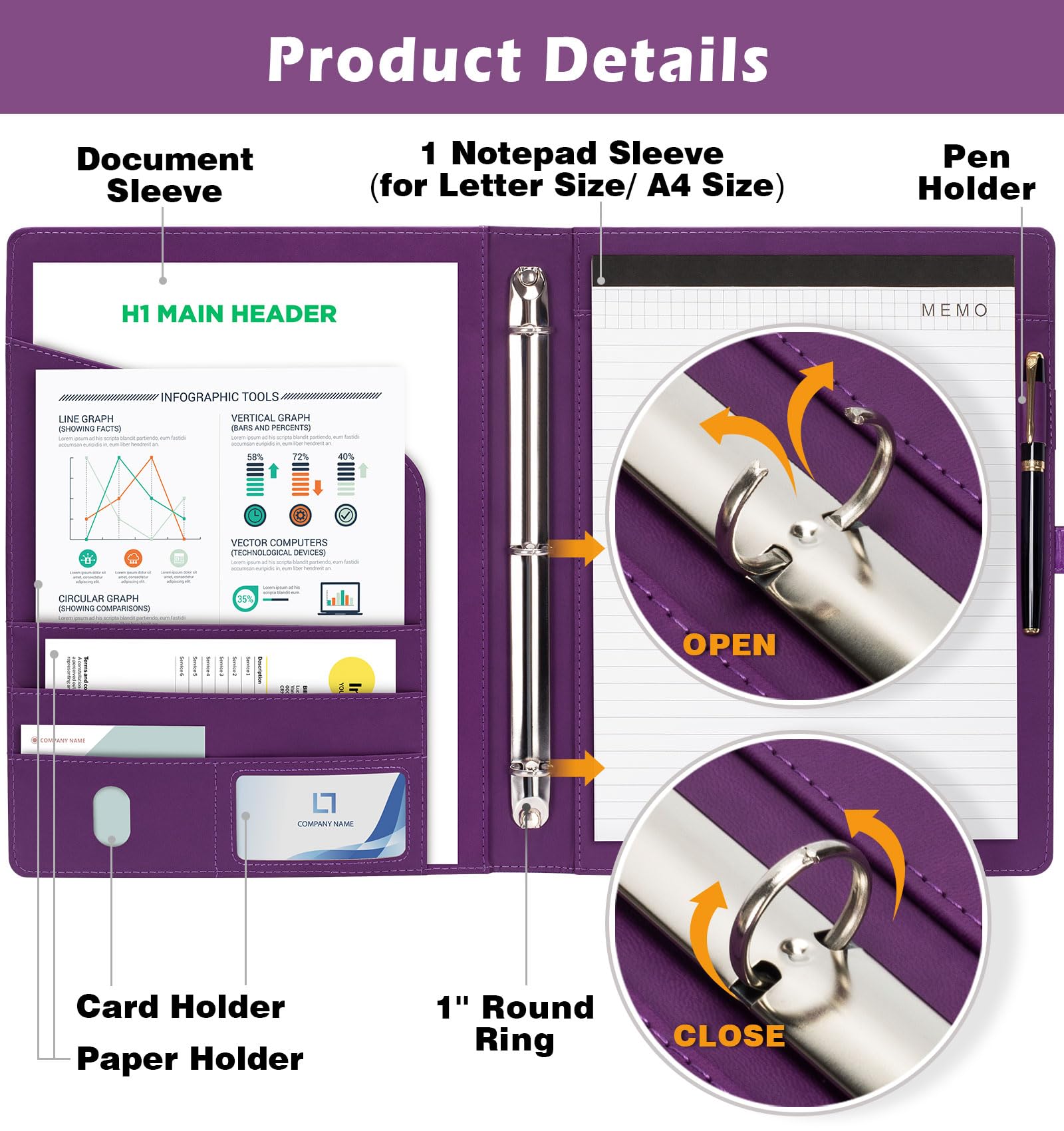 Leather Padfolio 3 Ring Binder (1 inch Round Ring) for Letter Size (11" x 8.5"), Business Portfolio Folder for Interview, Conference and Presentation, Purple