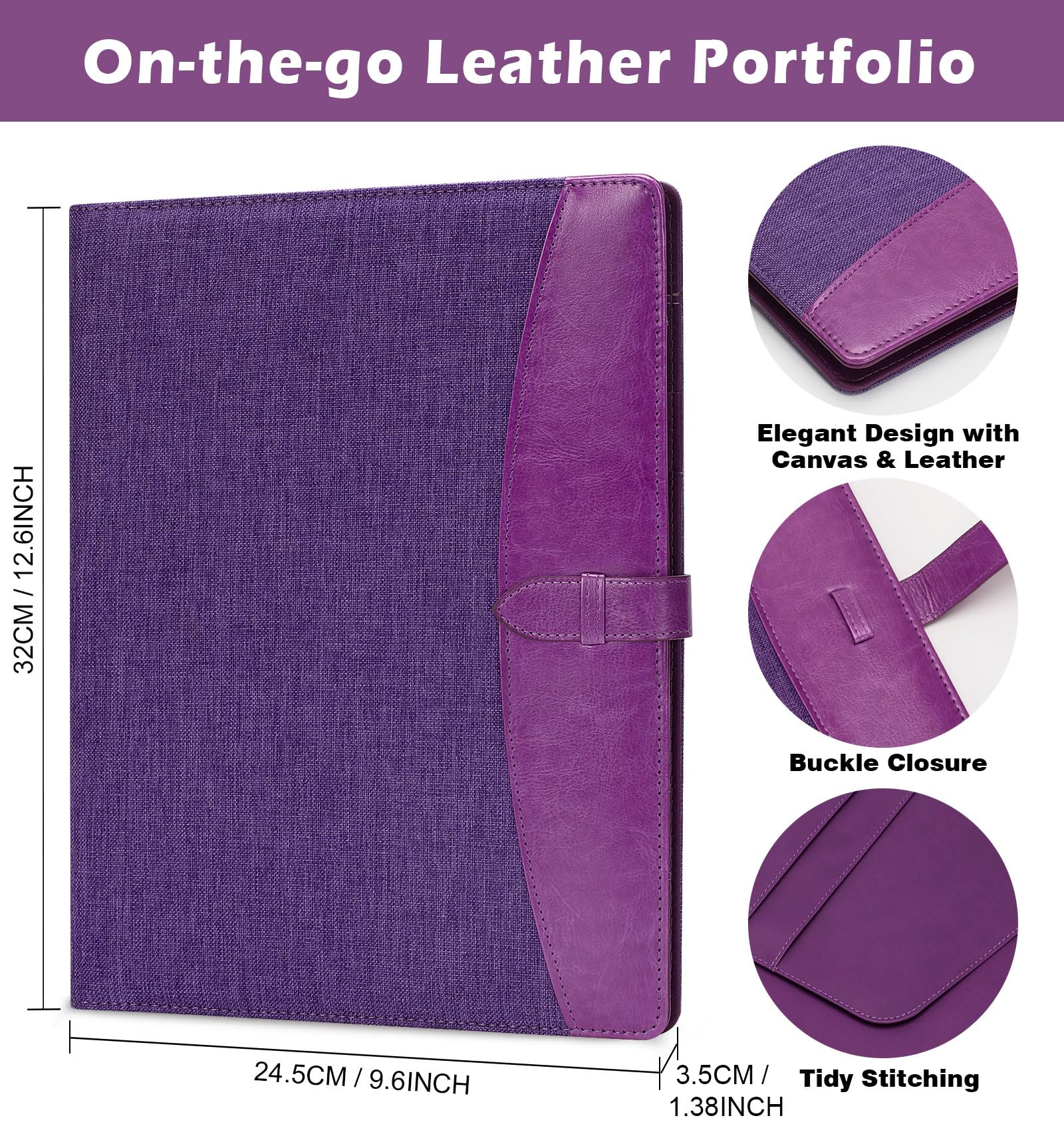 Leather Padfolio 3 Ring Binder (1 inch Round Ring) for Letter Size (11" x 8.5"), Business Portfolio Folder for Interview, Conference and Presentation, Purple