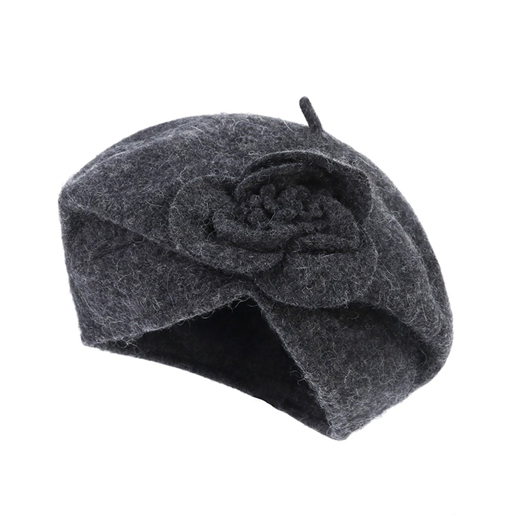 DANTIYA Women's 100% Wool Cloche Hat Bucket Floral Winter Vintage Beret Beanie Hat (One Size, Dark Grey)