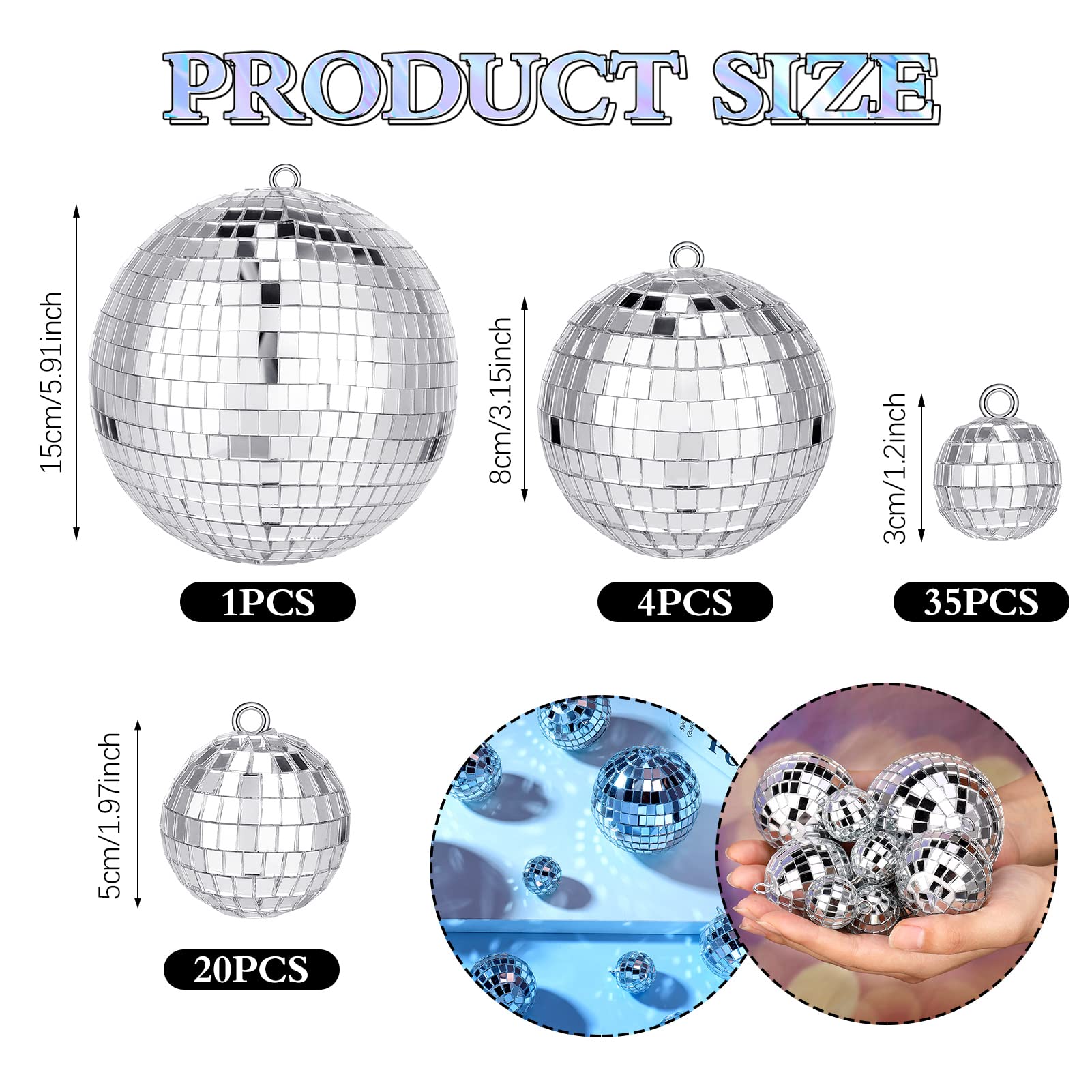 Jspupifip 60 Pcs Mirror Disco Balls Bulk, Reflective Silver Glass Ball Decorations 70s Hanging Ring Halloween Christmas Birthday Themed Party Prom Props Disco Ornaments(1.2/1.97/3.15/5.9 inch)