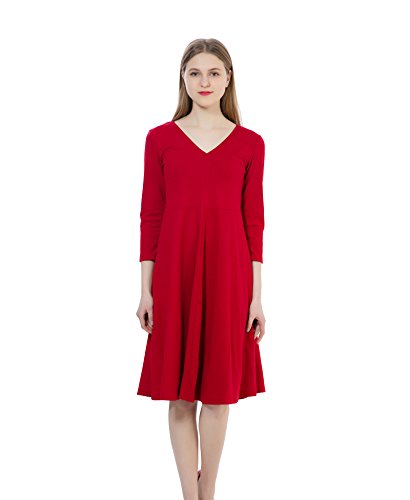 DANTIYA Women's 3/4 Sleeve Work Office Business V-Neck A-Line Knee Long Sheath Midi Dress Red