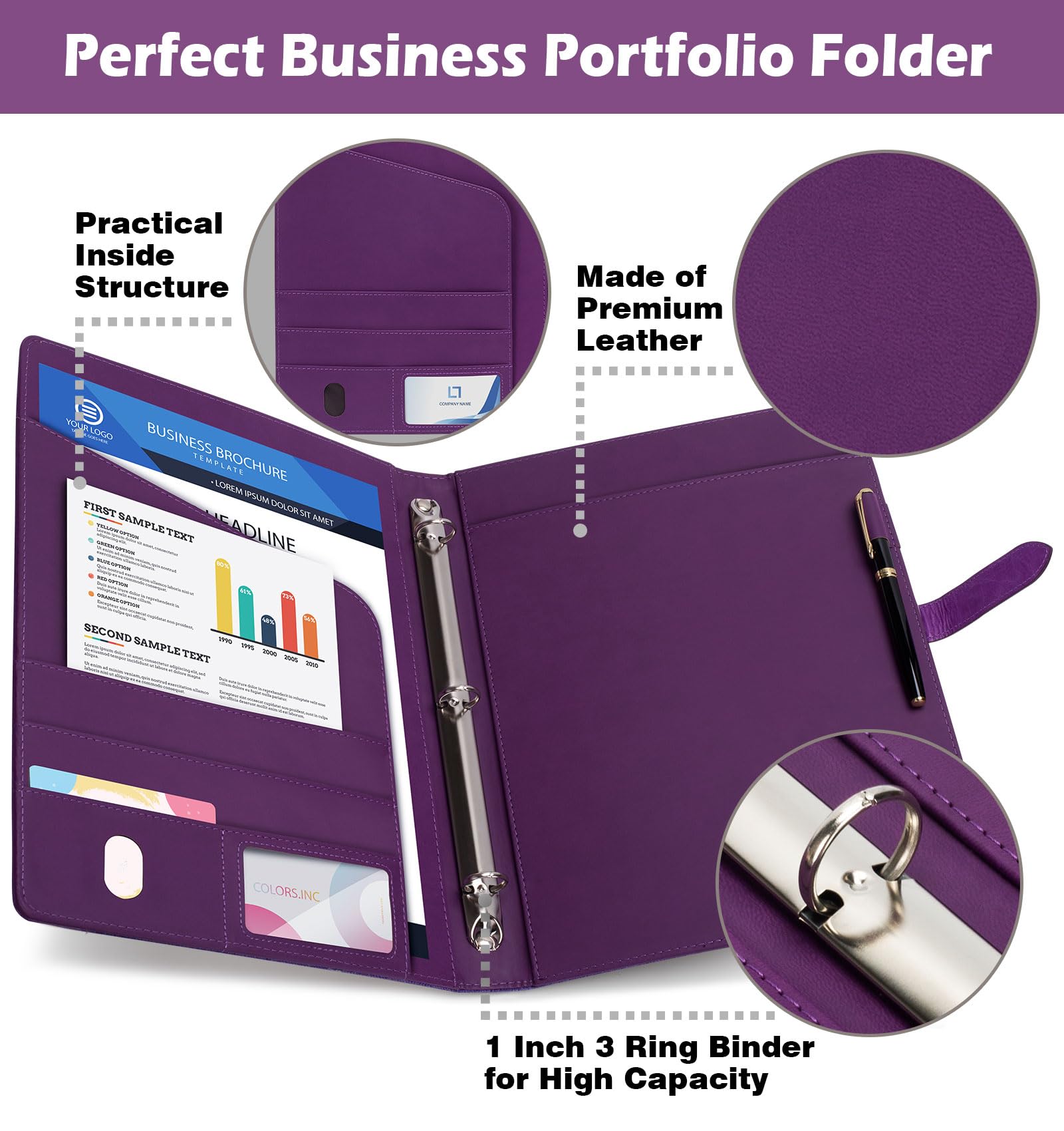 Leather Padfolio 3 Ring Binder (1 inch Round Ring) for Letter Size (11" x 8.5"), Business Portfolio Folder for Interview, Conference and Presentation, Purple