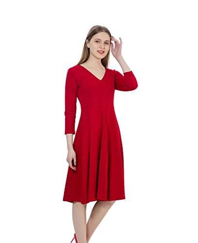 DANTIYA Women's 3/4 Sleeve Work Office Business V-Neck A-Line Knee Long Sheath Midi Dress Red