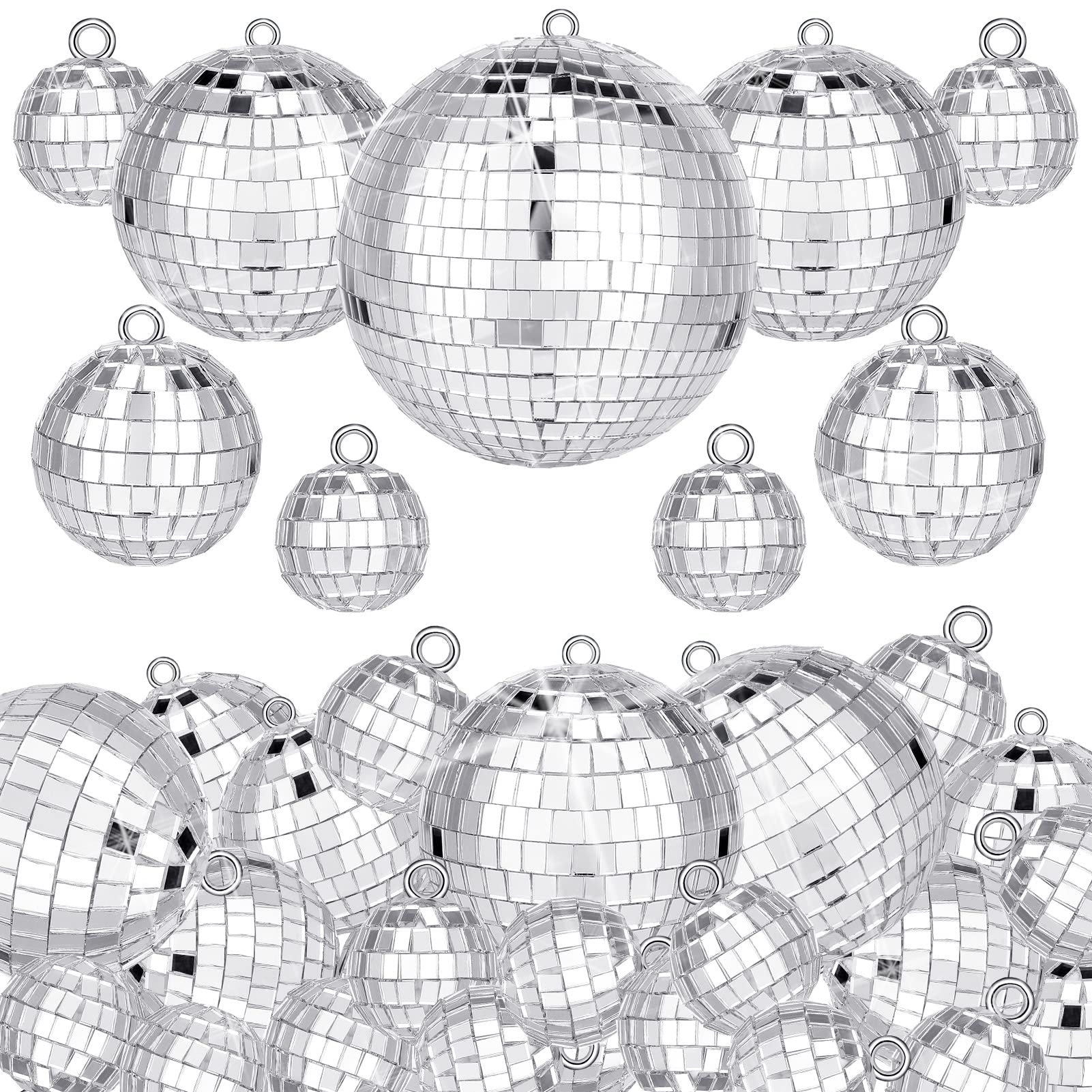 Jspupifip 60 Pcs Mirror Disco Balls Bulk, Reflective Silver Glass Ball Decorations 70s Hanging Ring Halloween Christmas Birthday Themed Party Prom Props Disco Ornaments(1.2/1.97/3.15/5.9 inch)