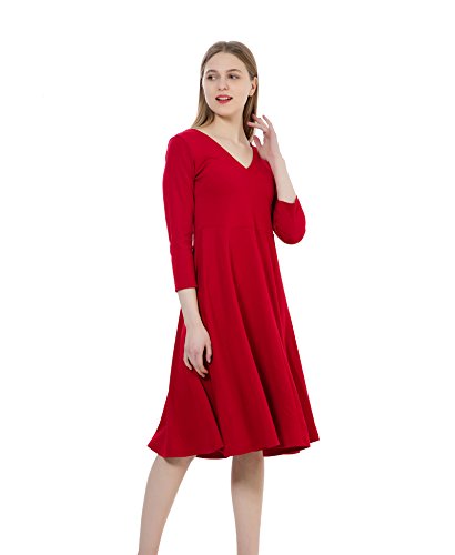 DANTIYA Women's 3/4 Sleeve Work Office Business V-Neck A-Line Knee Long Sheath Midi Dress Red