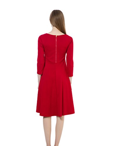 DANTIYA Women's 3/4 Sleeve Work Office Business V-Neck A-Line Knee Long Sheath Midi Dress Red