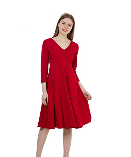 DANTIYA Women's 3/4 Sleeve Work Office Business V-Neck A-Line Knee Long Sheath Midi Dress Red