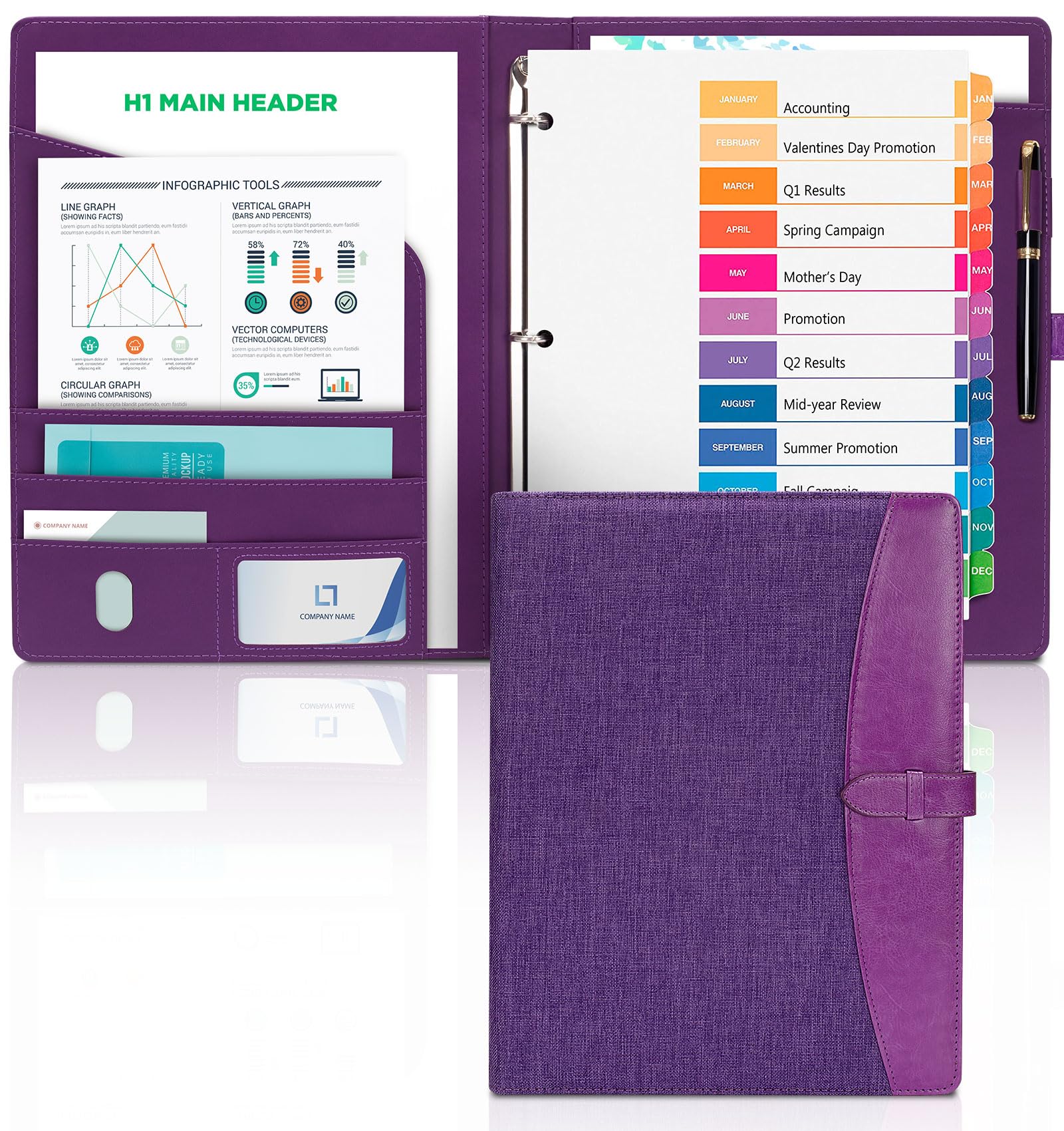 Leather Padfolio 3 Ring Binder (1 inch Round Ring) for Letter Size (11" x 8.5"), Business Portfolio Folder for Interview, Conference and Presentation, Purple
