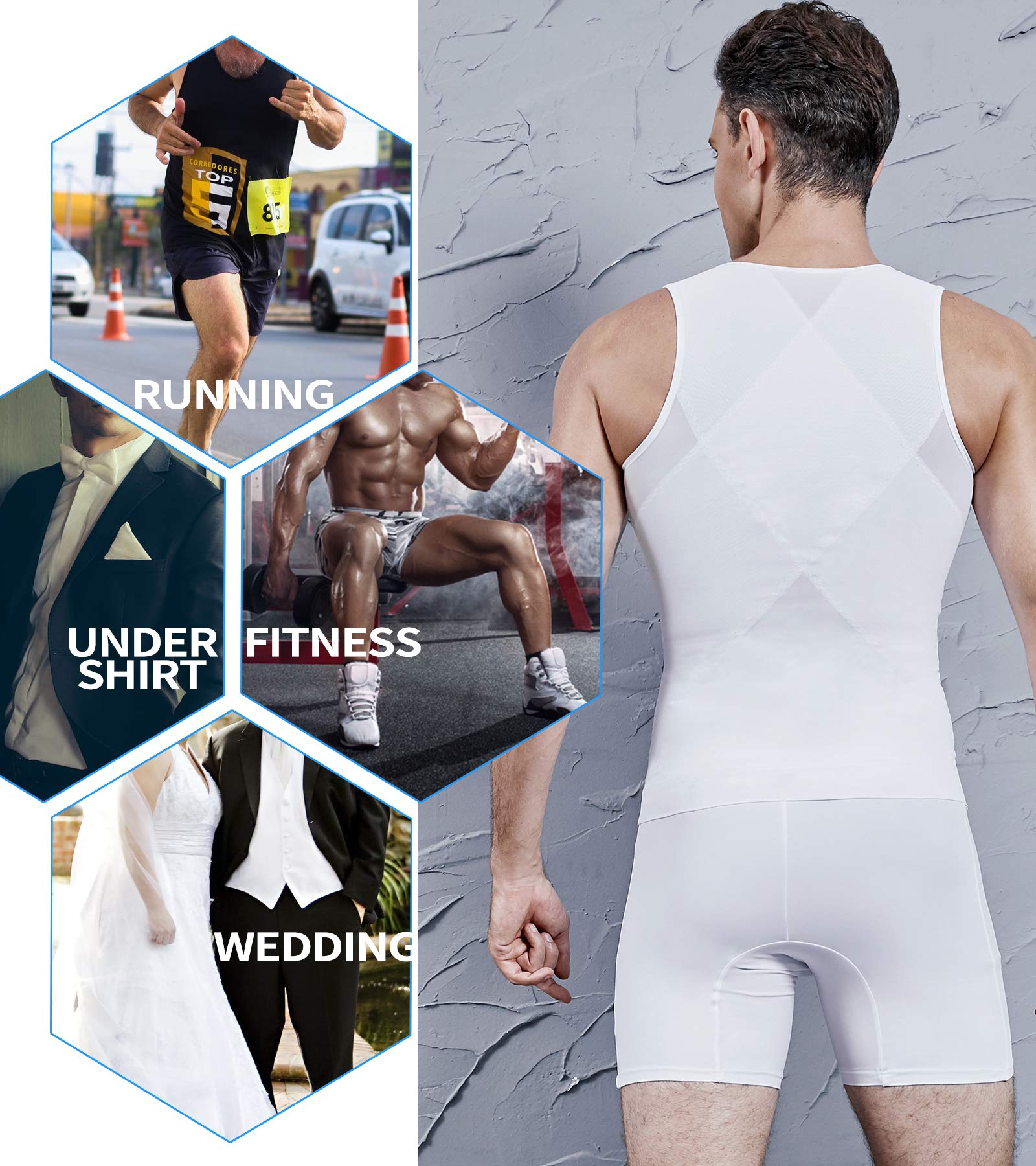 Vaslanda Men Slimming Body Shaper Vest Chest Compression Shirt Tight Undershirt Shapewear Tank Top Moobs Binder Zipper White