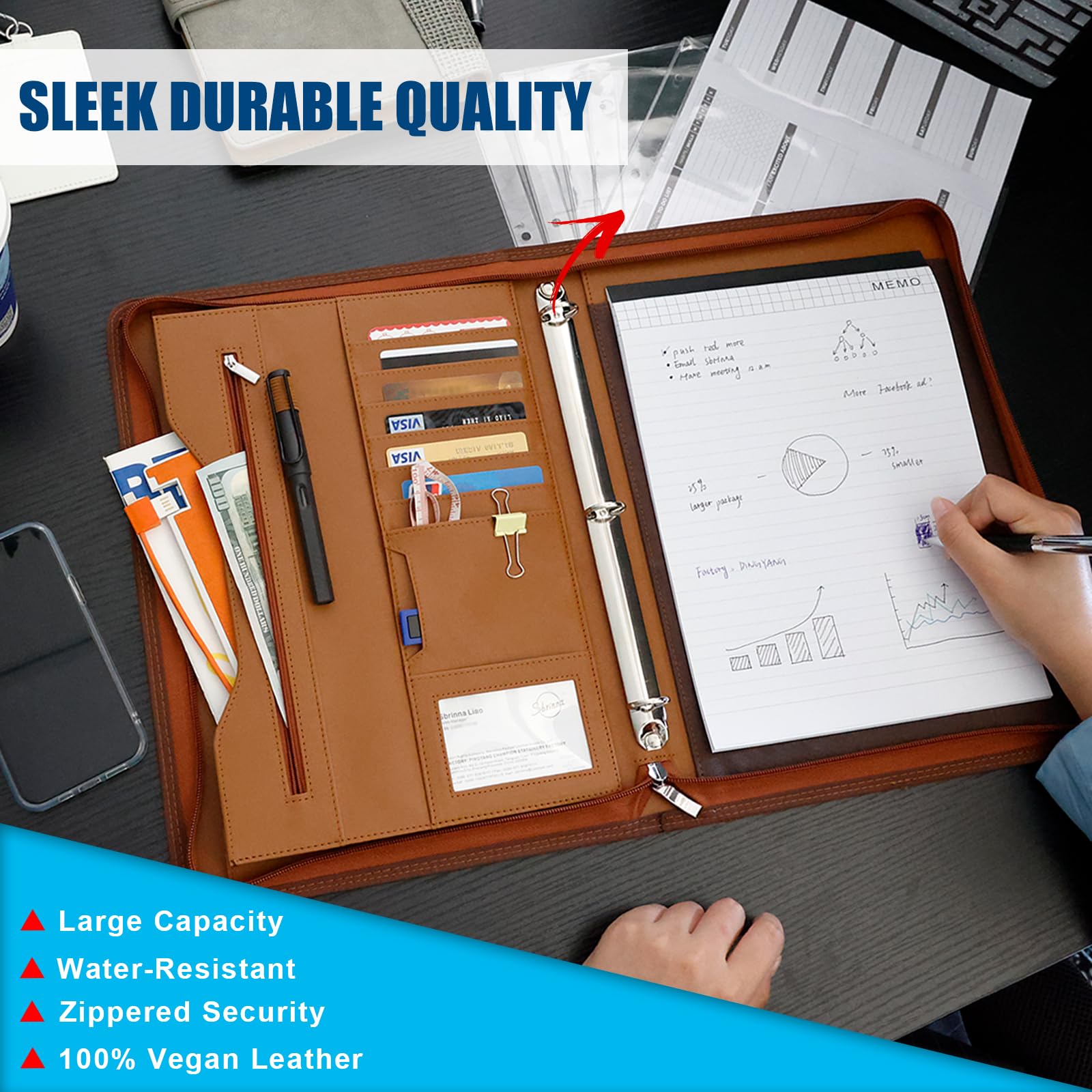 Deziliao 3-Ring Padfolio Portfolio Binder Organizer, Document Organizer Folio, 10.4 Inch PU Leather Business Portfolio with Zipper, Business Planner Notebook Organizer for Women/Men(Brown)