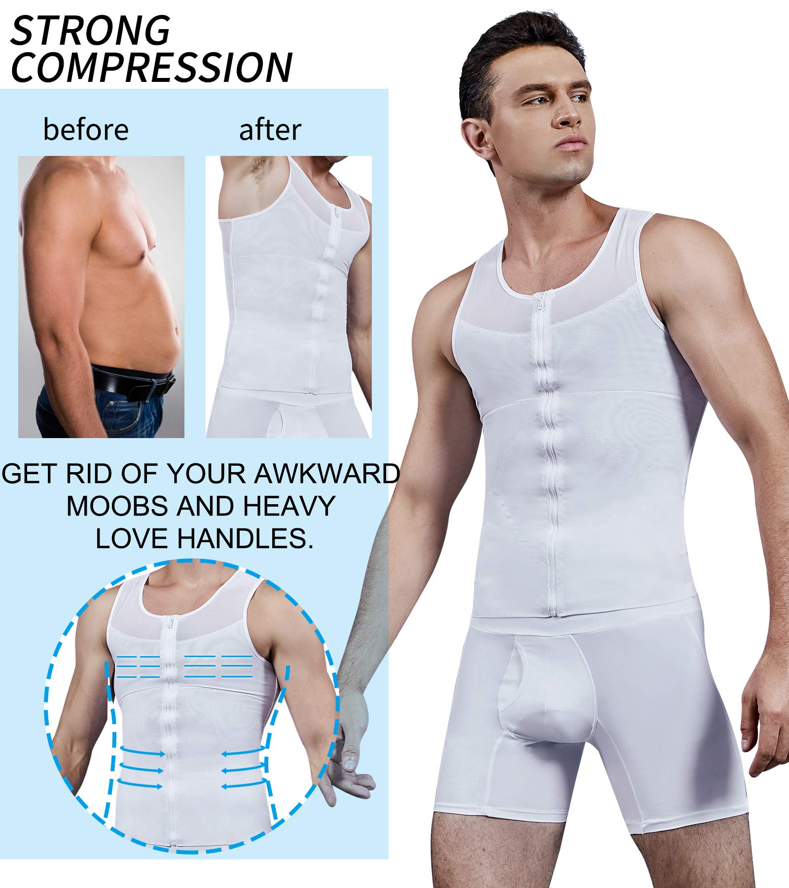 Vaslanda Men Slimming Body Shaper Vest Chest Compression Shirt Tight Undershirt Shapewear Tank Top Moobs Binder Zipper White