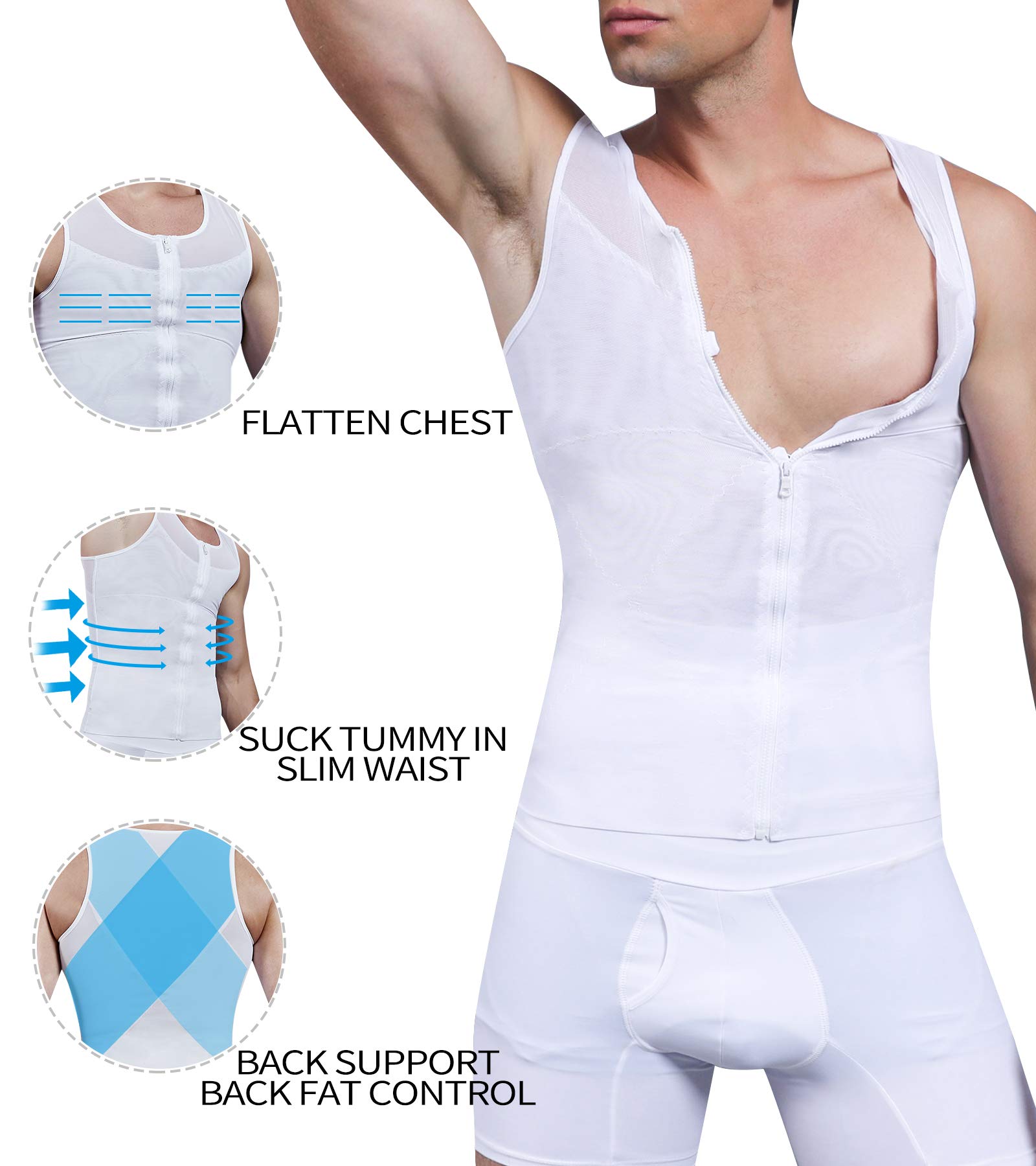 Vaslanda Men Slimming Body Shaper Vest Chest Compression Shirt Tight Undershirt Shapewear Tank Top Moobs Binder Zipper White