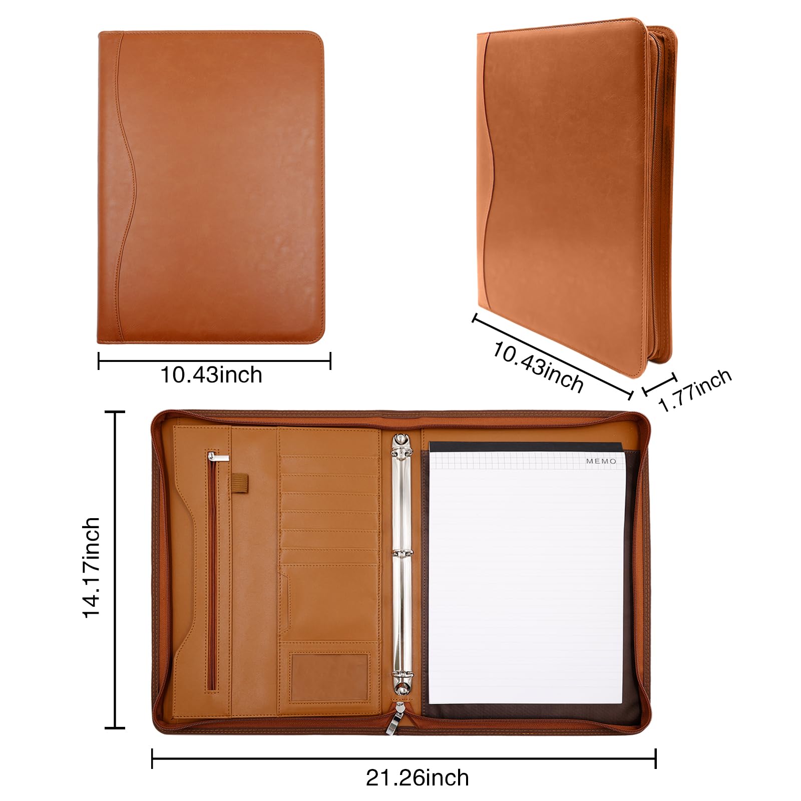 Deziliao 3-Ring Padfolio Portfolio Binder Organizer, Document Organizer Folio, 10.4 Inch PU Leather Business Portfolio with Zipper, Business Planner Notebook Organizer for Women/Men(Brown)
