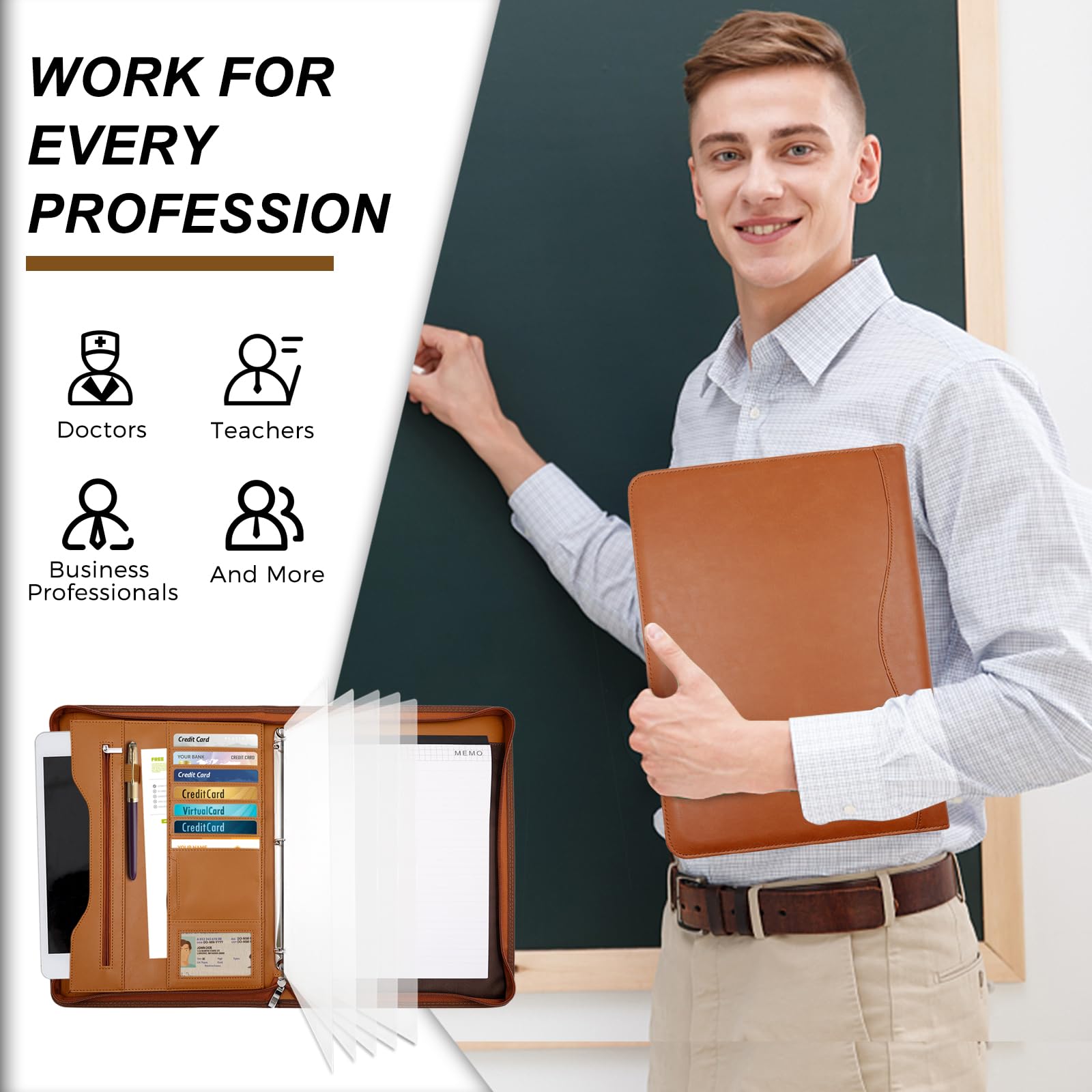 Deziliao 3-Ring Padfolio Portfolio Binder Organizer, Document Organizer Folio, 10.4 Inch PU Leather Business Portfolio with Zipper, Business Planner Notebook Organizer for Women/Men(Brown)