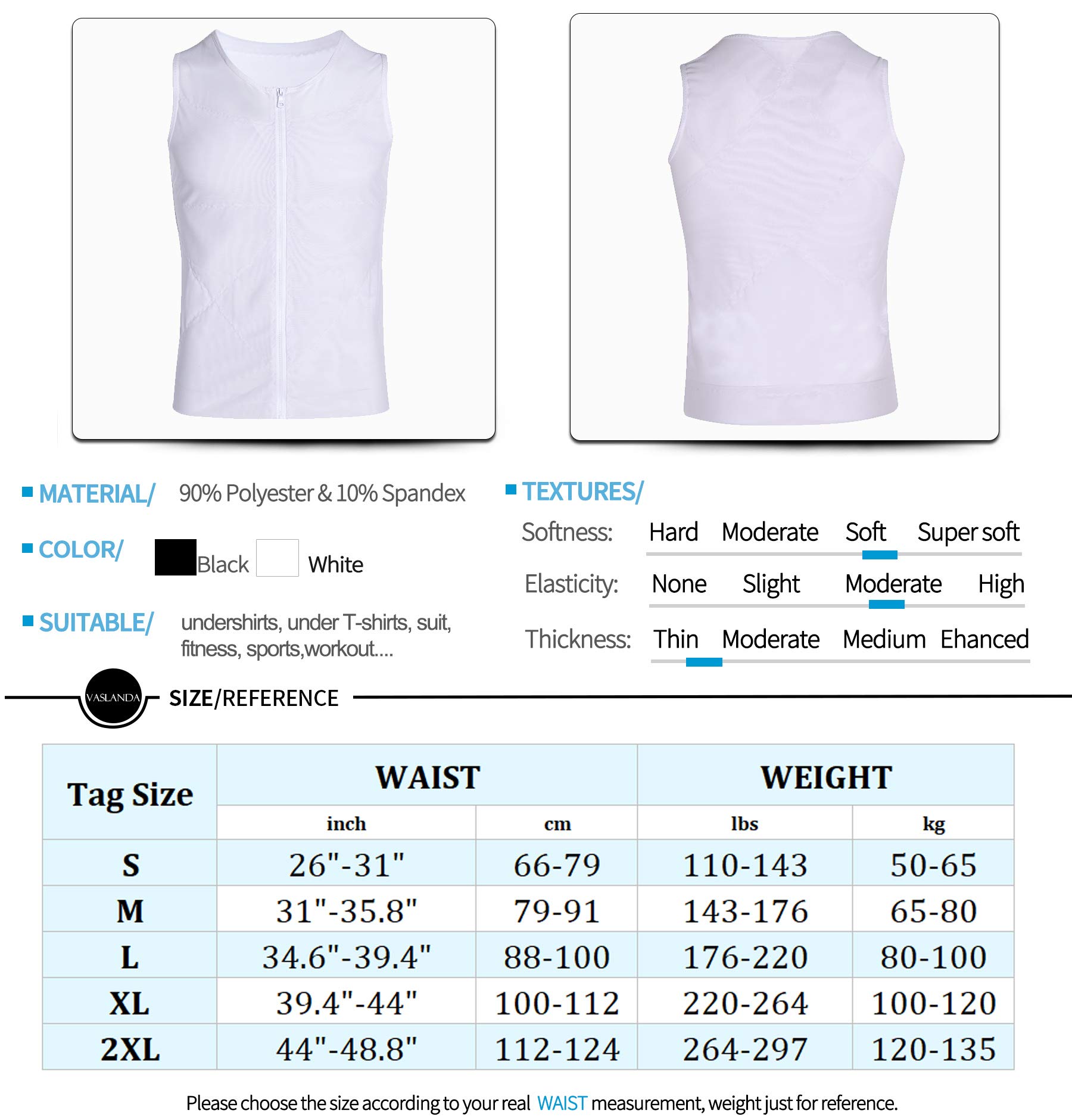 Vaslanda Men Slimming Body Shaper Vest Chest Compression Shirt Tight Undershirt Shapewear Tank Top Moobs Binder Zipper White