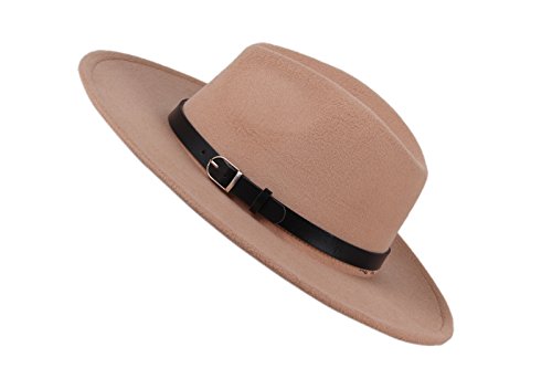 Dantiya Women'/s Wide Brim Wool Fedora Panama Hat with Belt Black, One Size (Camel)