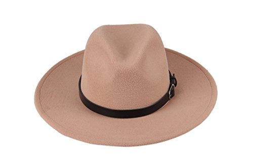 Dantiya Women'/s Wide Brim Wool Fedora Panama Hat with Belt Black, One Size (Camel)