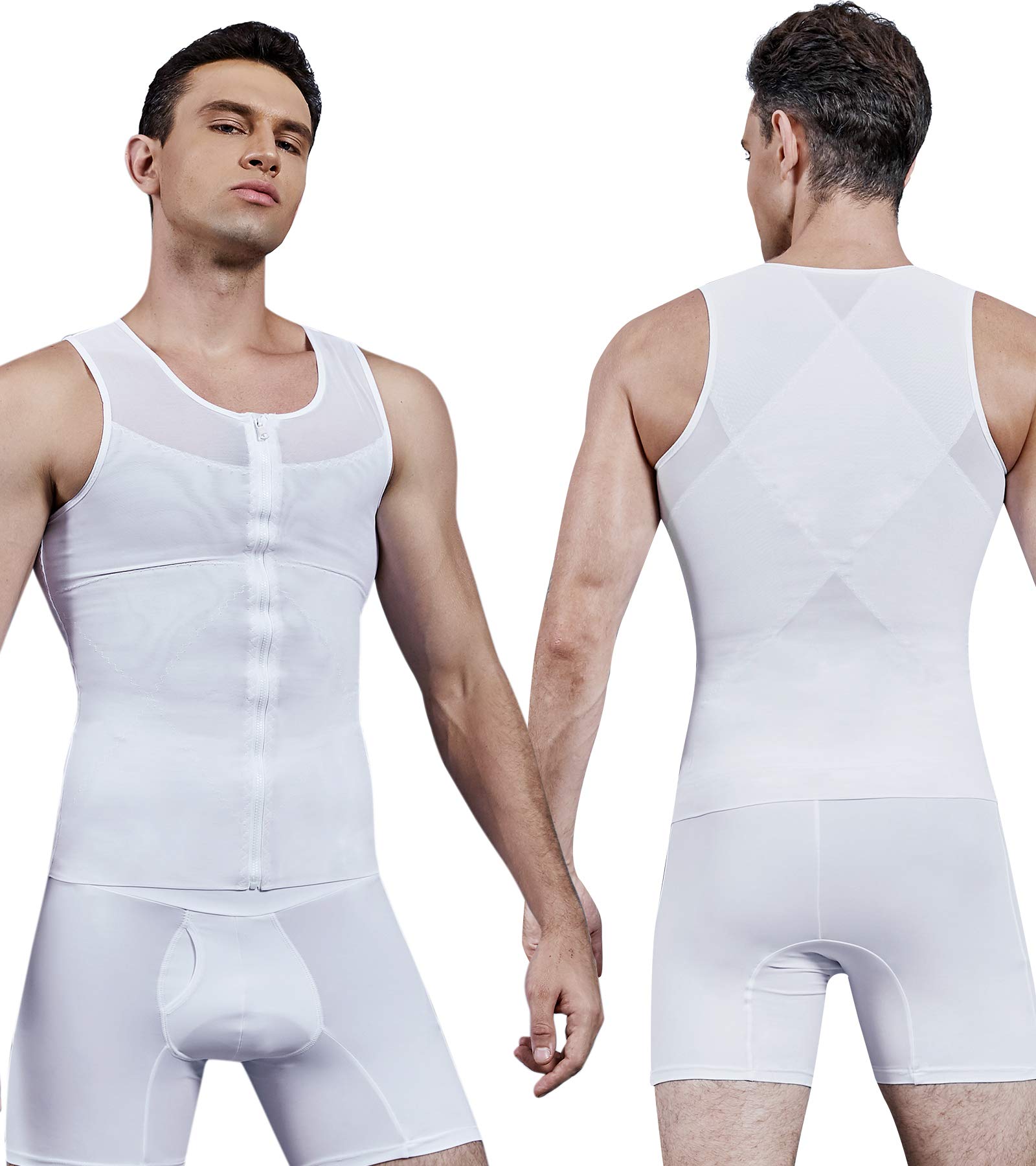 Vaslanda Men Slimming Body Shaper Vest Chest Compression Shirt Tight Undershirt Shapewear Tank Top Moobs Binder Zipper White