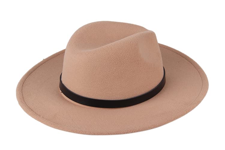Dantiya Women'/s Wide Brim Wool Fedora Panama Hat with Belt Black, One Size (Camel)