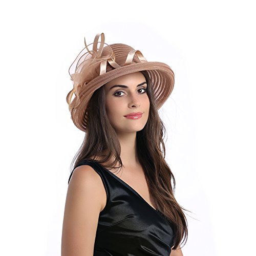 DANTIYA Lady's Organza Wide Brim Bowler Hat Kentucky Derby Church Dress Sun Hat, Coffee, Free