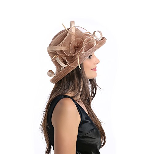 DANTIYA Lady's Organza Wide Brim Bowler Hat Kentucky Derby Church Dress Sun Hat, Coffee, Free