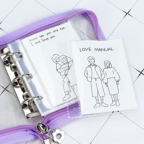MultiBey Transparent Mini Binder 3 Ring, Glitter PVC Zipper Binder 3.7'' x 5.2'' for Cards Photos with 20 Card Slots (Purple)