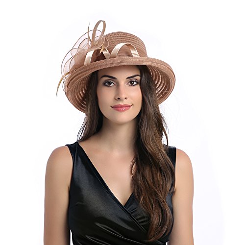 DANTIYA Lady's Organza Wide Brim Bowler Hat Kentucky Derby Church Dress Sun Hat, Coffee, Free