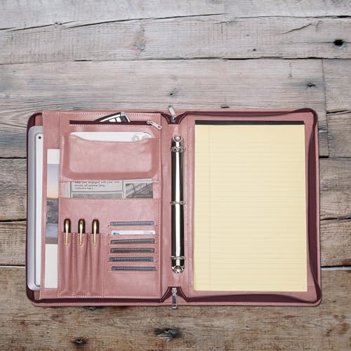 Geslun Vegan Leather 3 Ring Binder Portfolio, 8.5 x 14 Legal Size Pad Holder, Hidden Handle, Zippered Padfolio with 15” Laptop Organizer, Professional Business Folio for Women, Pink